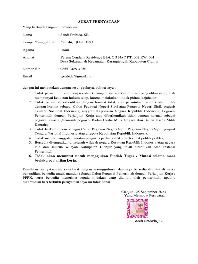 Surat Pernyataan Sandi Prabida | PDF
