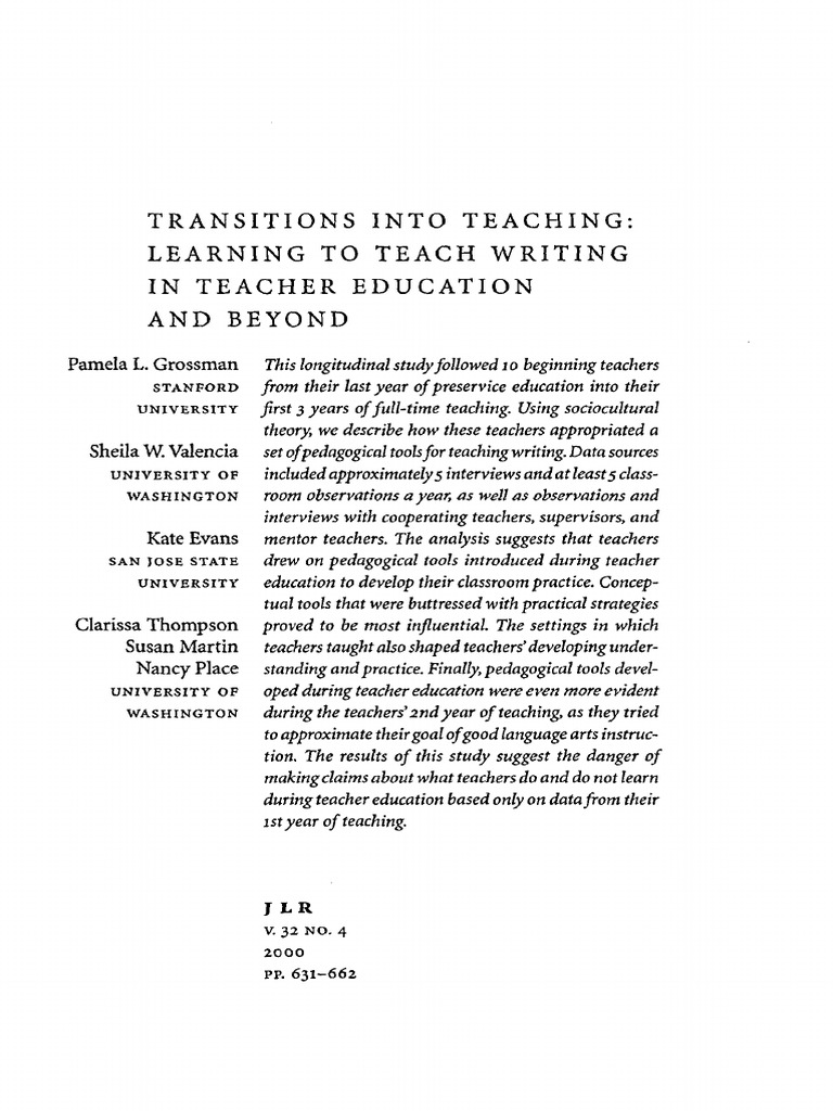 2000 Transitions Into Teaching Learning To Teach Writing in Teacher ...