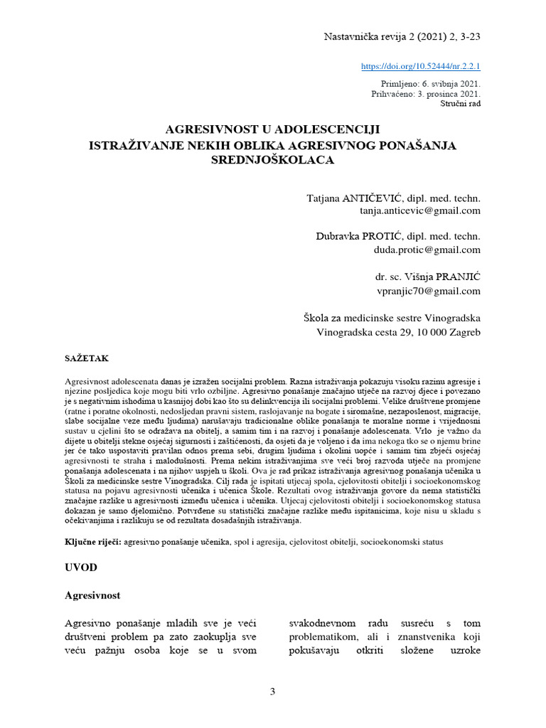 Agresivnost U Adolescenciji | PDF