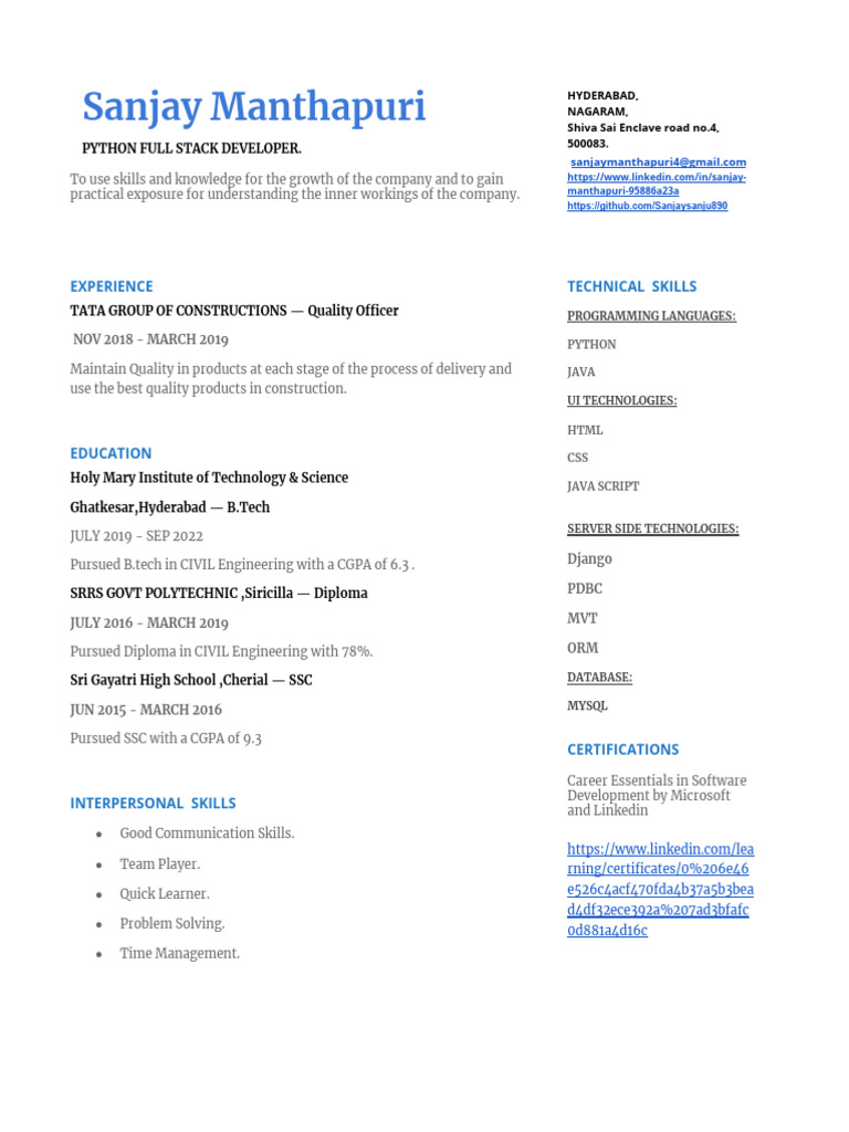 Resume SanjaY | PDF | My Sql | Computer Science
