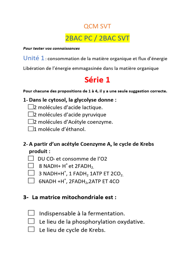 QCM SVT 2BAC : Glycolyse et ATP | PDF | Mitochondrie | Adénosine ...