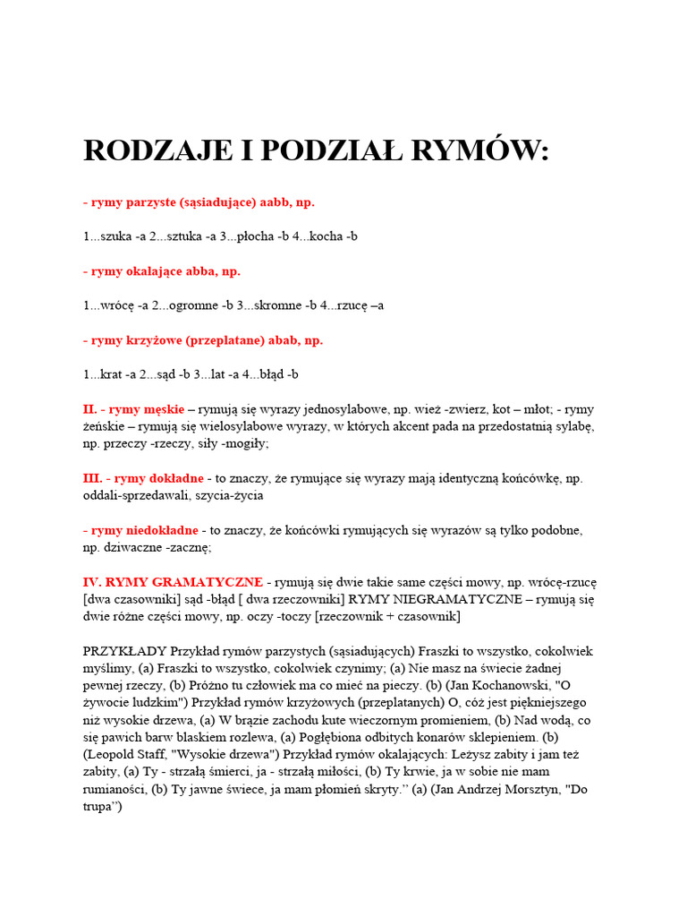 Rodzaje I Podział Rymów | PDF