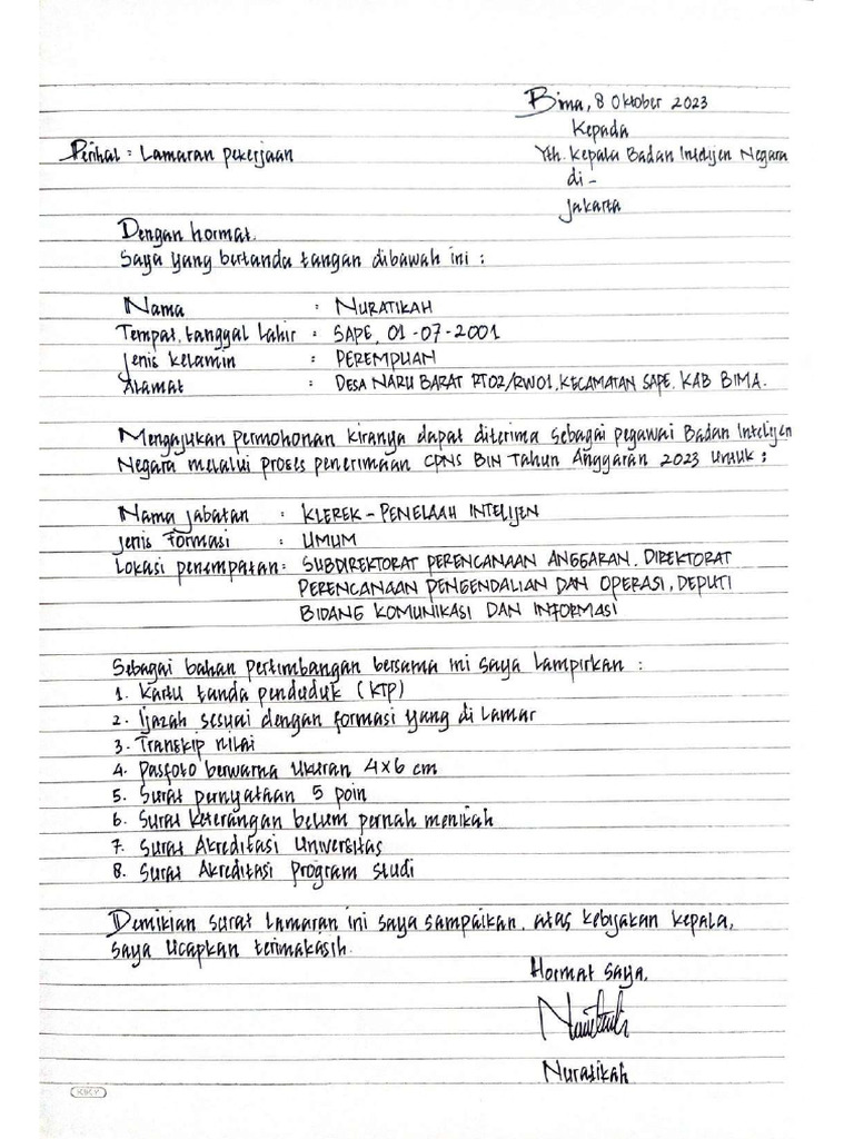 Surat Lamaran - Nuratikah-1 - Compressed - Compressed | PDF