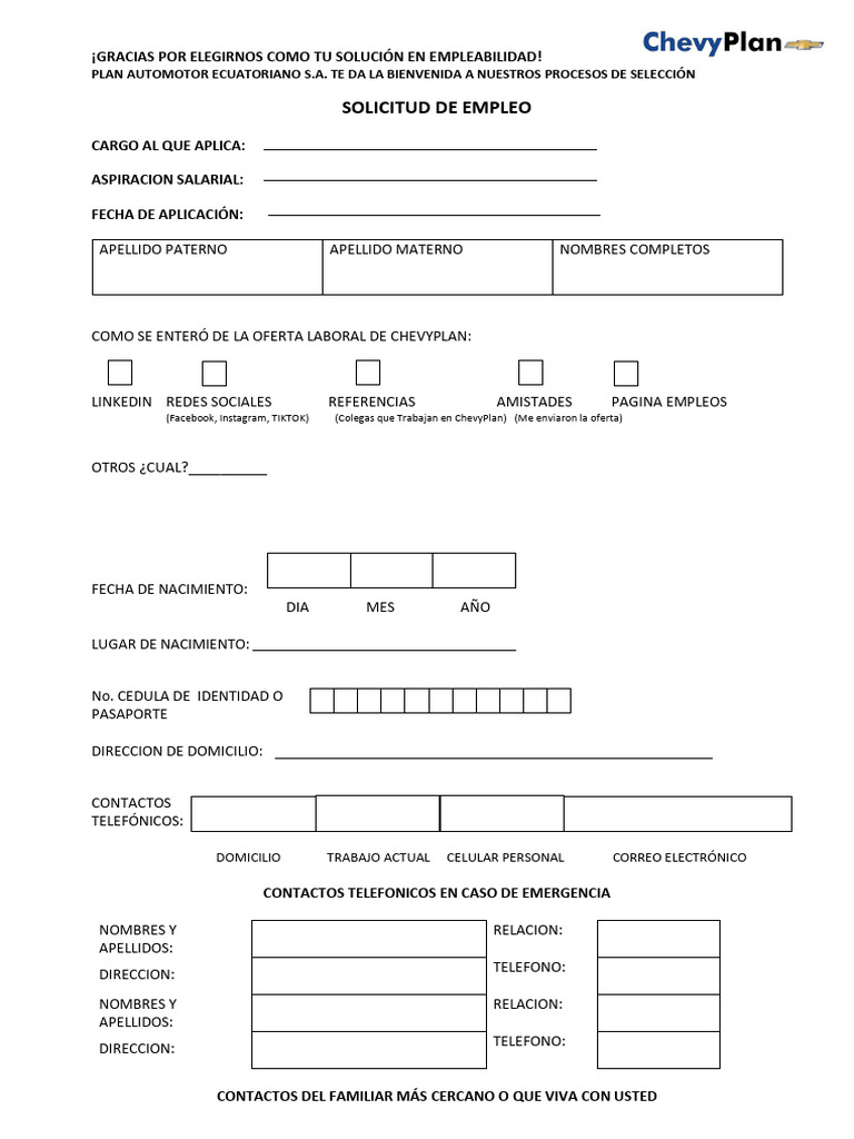 Formulario de Solicitud de Empleo | PDF | Crecimiento personal y ...