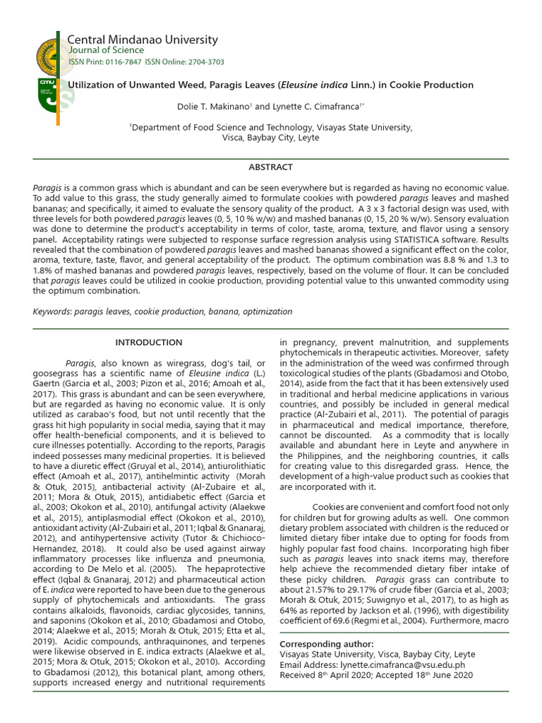 Utilization of Unwanted Weed, Paragis Leaves in Cookie Production2 ...