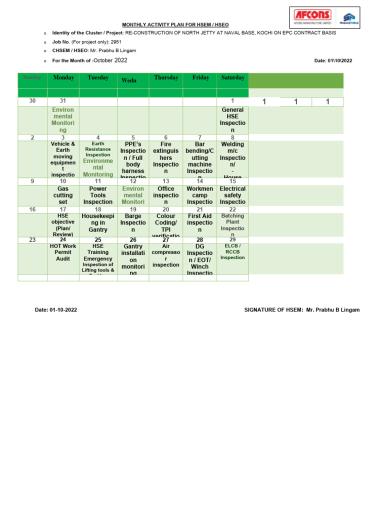 Monthly HSE Plan for North Jetty Project | PDF | Business Process