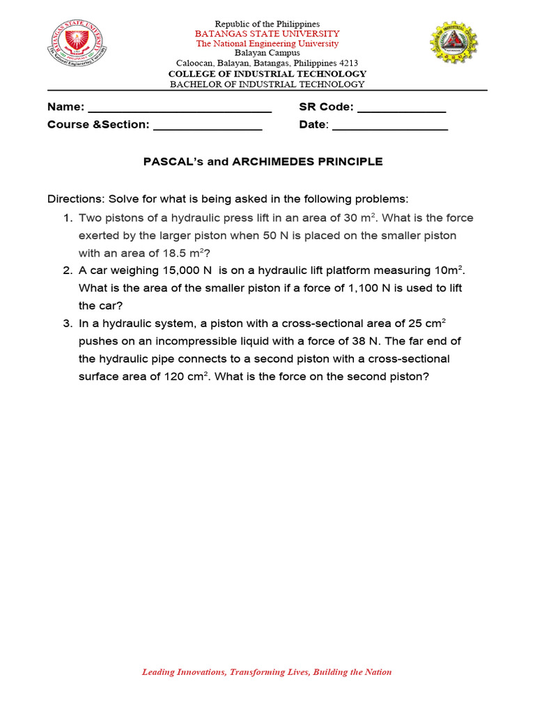 PASCAL'S PRINCIPLE WORKSHEET | PDF