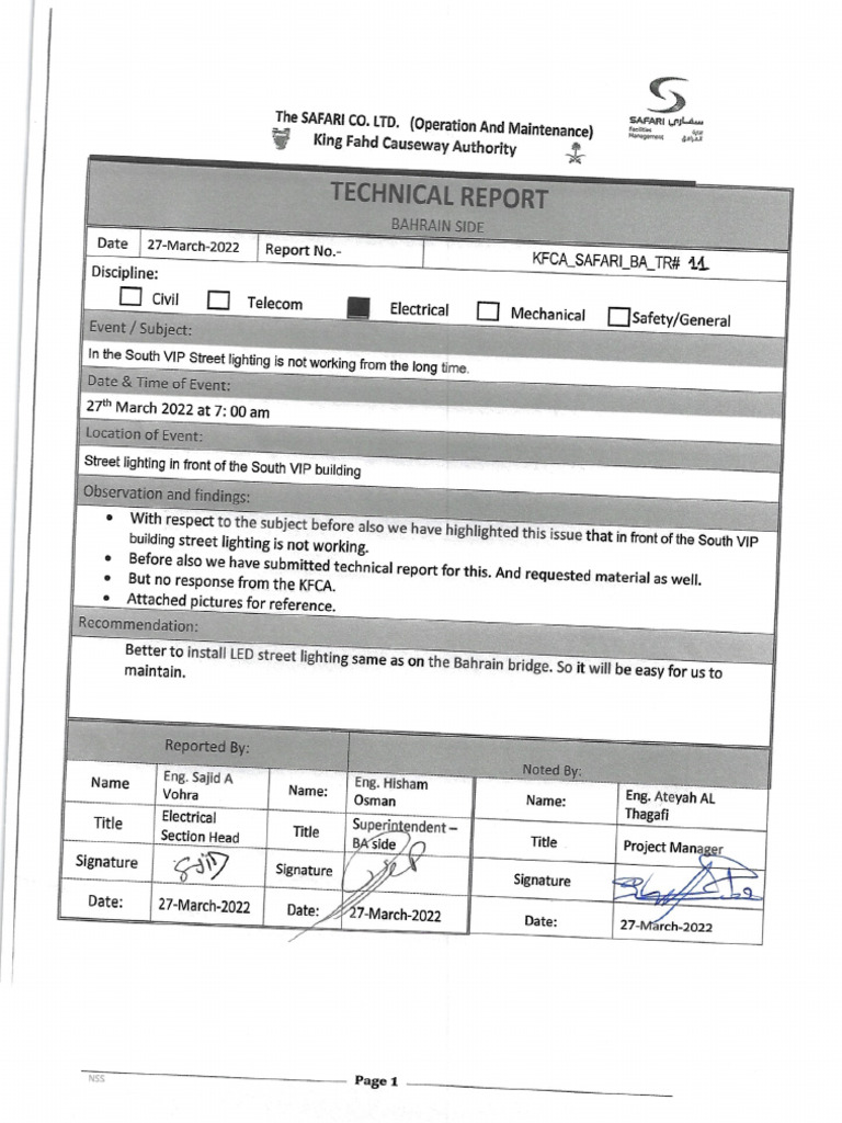 KFCA_SAFARI_BA_TR #011 ISSUED 27March, 2022 For STREET LIGHTING NOT ...