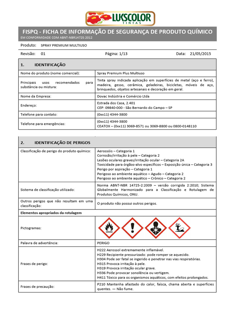 FISPQ - Spray Multi-Uso | Download grátis PDF | Dióxido de carbono ...