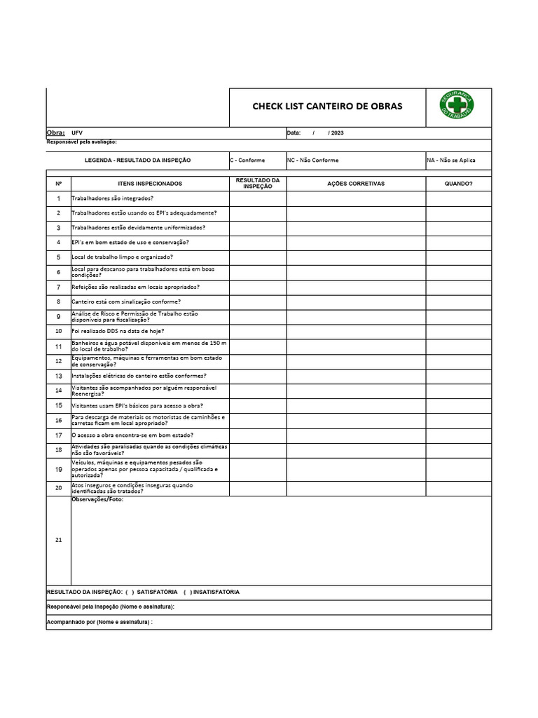 Check List Canteiro de Obras | PDF Check List Canteiro de Obras | PDF