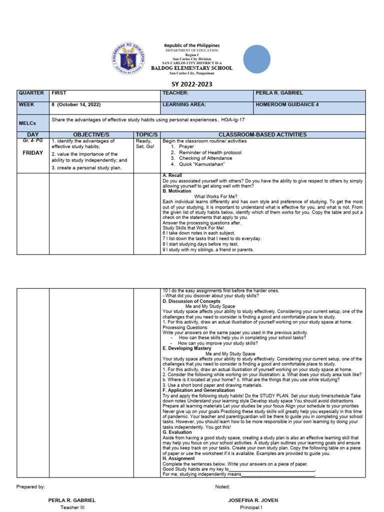 4 - PG-DLL-Homeroom-Guidance4-Q1-W8 | PDF | Study Skills | Learning