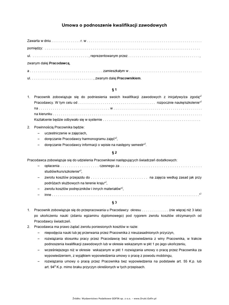 Umowa o Podnoszenie Kwalifikacji Zawodowych | PDF