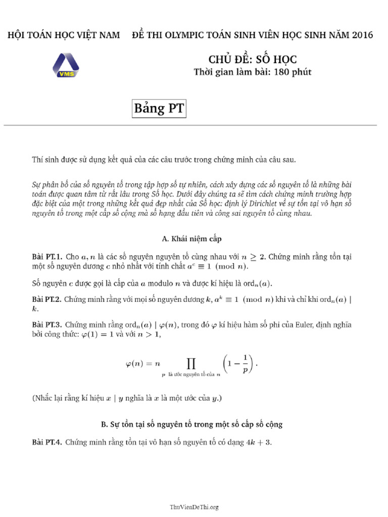 Đề Thi Olympic Toán Sinh Viên Học Sinh Năm 2016 Chủ Đề - Số Học Thời Gian Làm Bài - 180 Phút ...