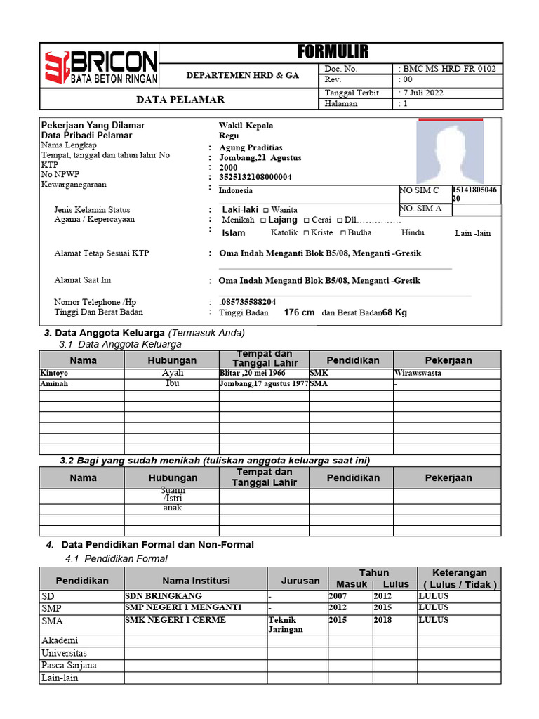Data Formulir Lamaran Kerja Agung Praditias | PDF