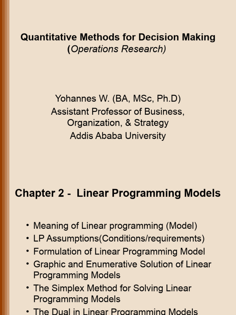 OR Chapter 2 Linear Programming - Yohannes | PDF | Linear Programming | Mathematical Optimization