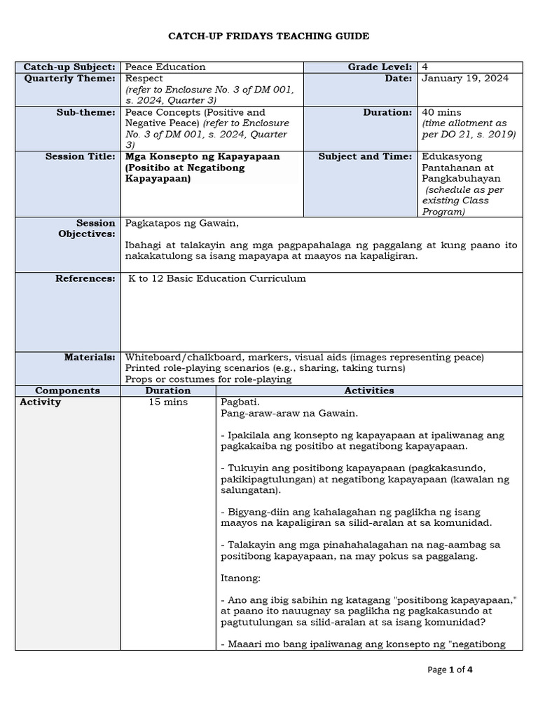 Teaching Guide Catchup EPP G4 Q3 W1 | PDF