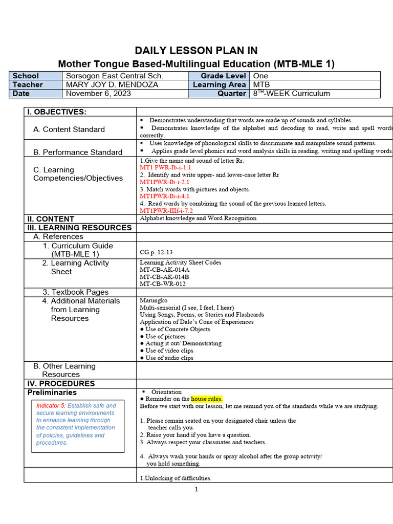 Cot1 MJ Mendoza MTB Mle Final | PDF | Phonics | Linguistics