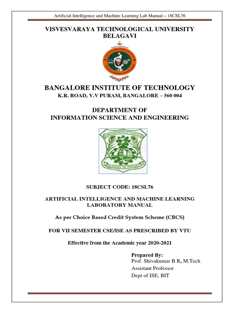 ML Lab Manual 18csl76 1 | PDF | Machine Learning | Artificial Intelligence