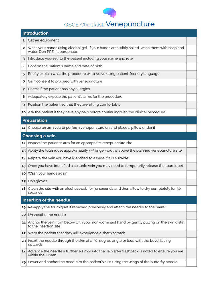 OSCE Checklist Venepuncture | PDF | Clinical Medicine | Medicine OSCE Checklist Venepuncture | PDF | Clinical Medicine | Medicine