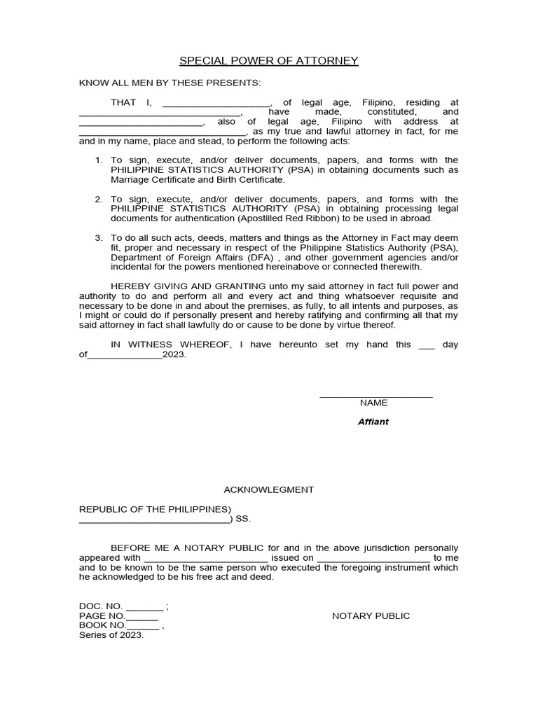 Special Power of Attorney Sample | PDF | Law