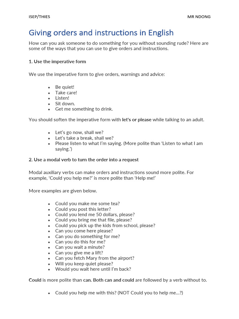 Giving Orders and Instructions in English | PDF