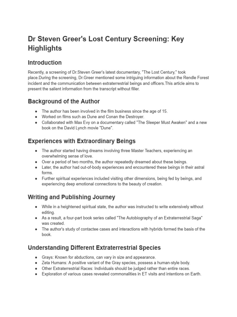 DR Steven Greer's Lost Century Screening Key Highlights | PDF ...