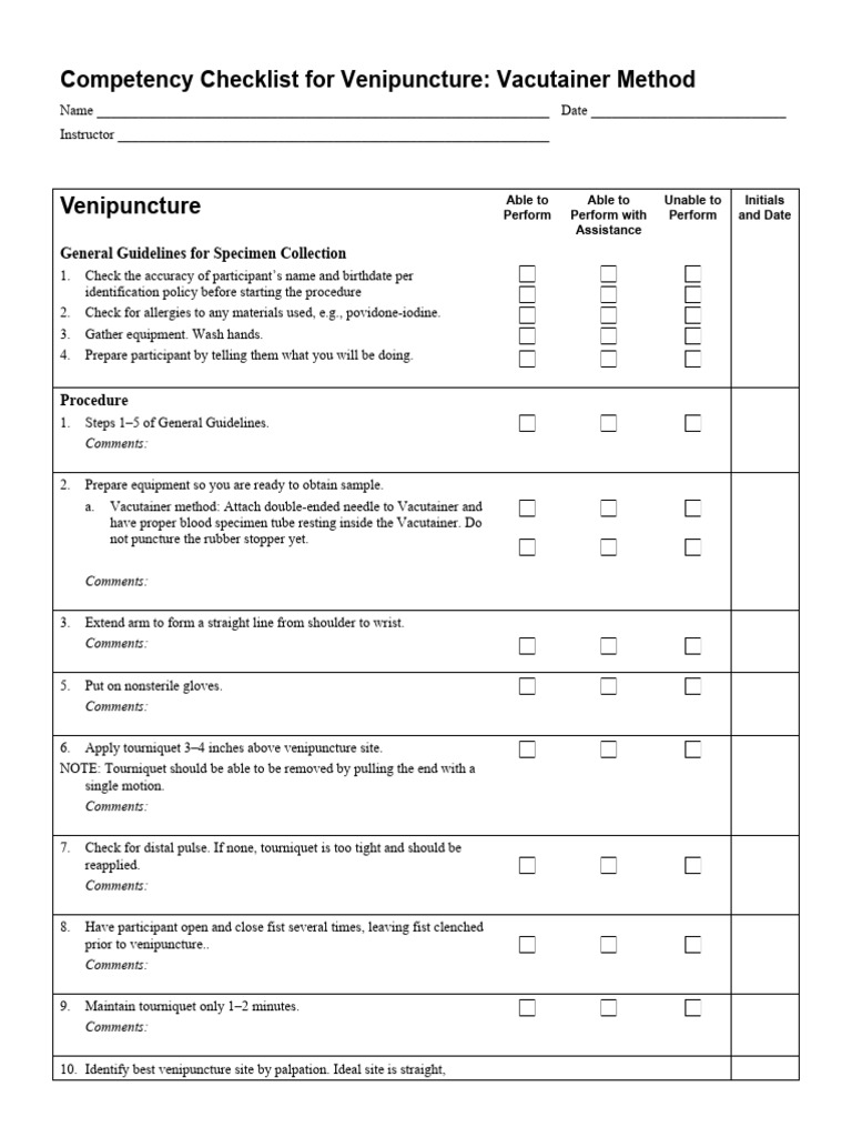 Competency Checklist Venipuncture | PDF | Clinical Medicine | Medical Specialties