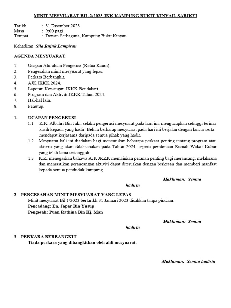 MINIT MESYUARAT JKKK Bil.2 - 2023 | PDF