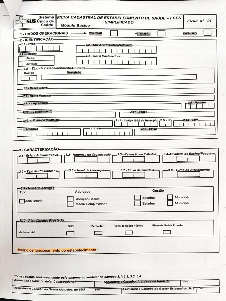 MODELO - FICHA CADASTRAL CNES | PDF | Remédio | Sistema de saúde