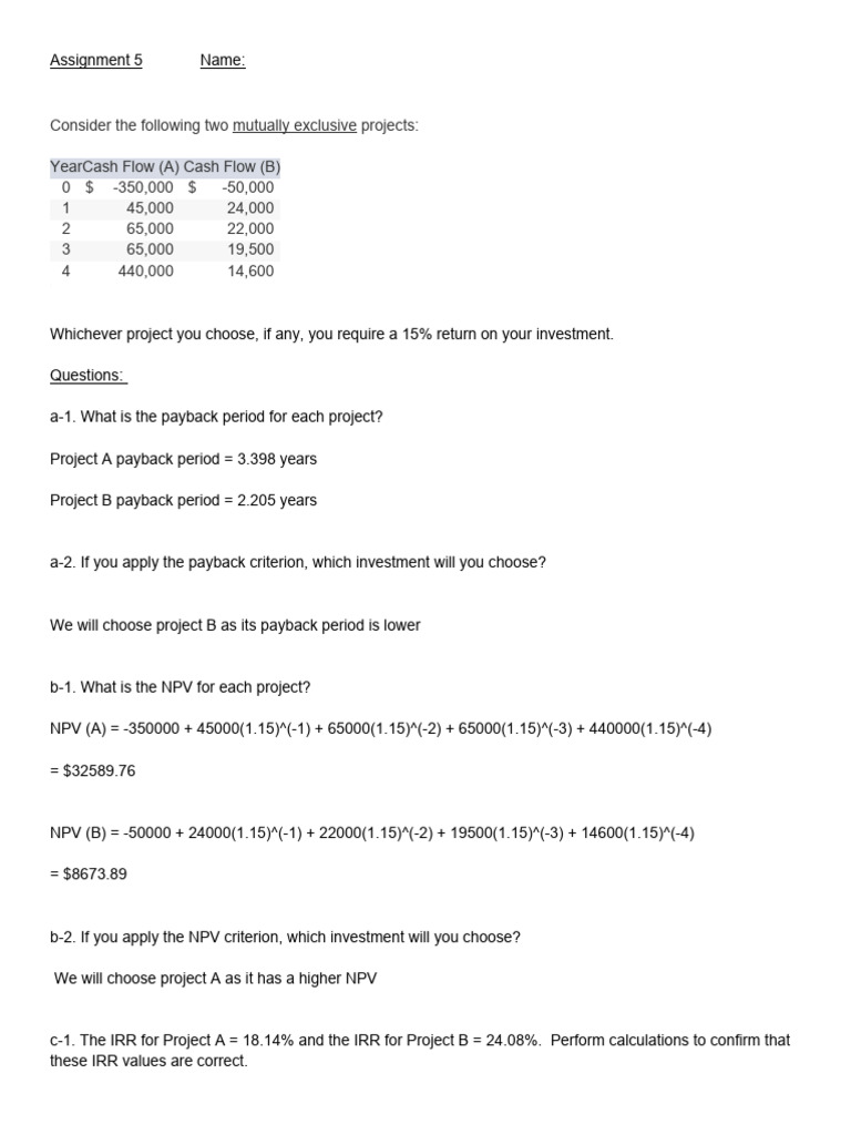 Project A vs. Project B Analysis | PDF | Internal Rate Of Return | Net ...