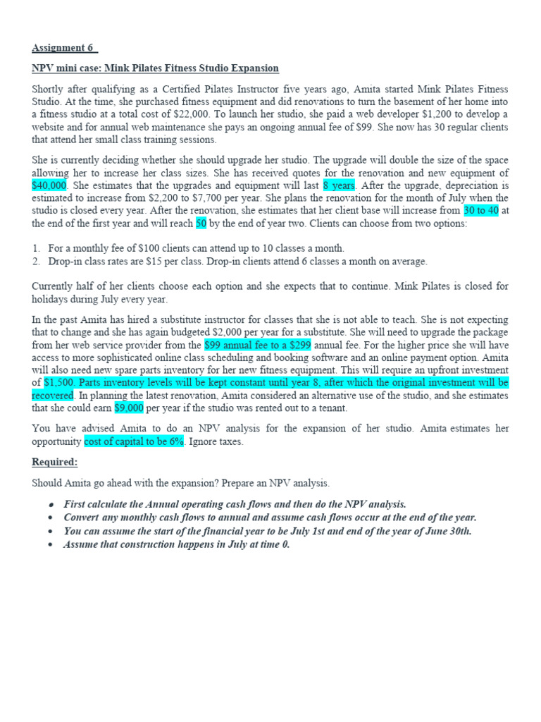Assignment 6 - NPV Mini Case | PDF | Net Present Value | Trade