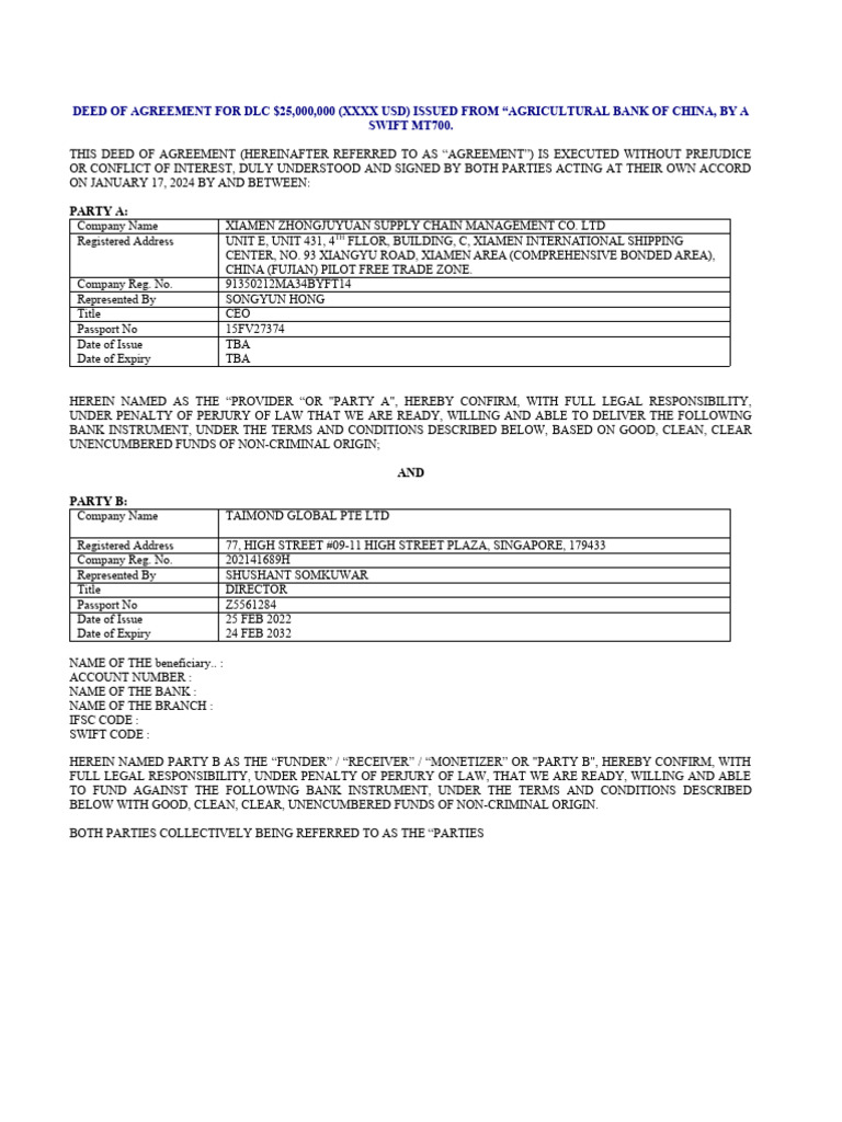 Signed Usd 25m Doa Naml for Dlc Agricultural Bank of China | PDF ...