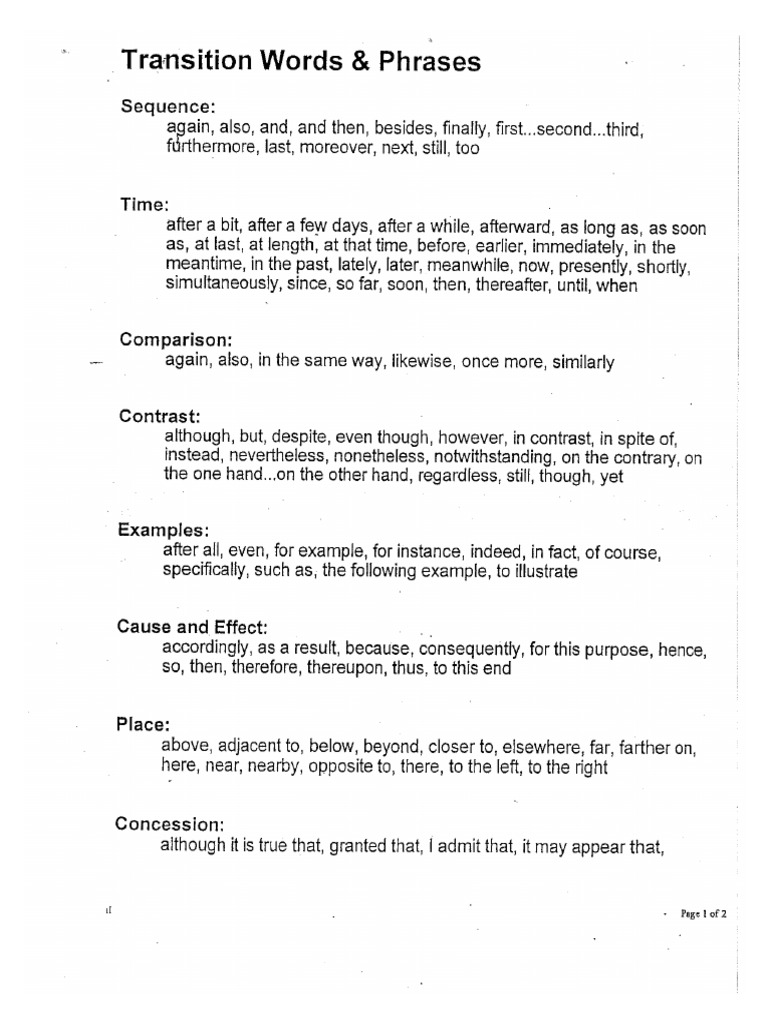 Day 2transiton - Words - Handout | PDF