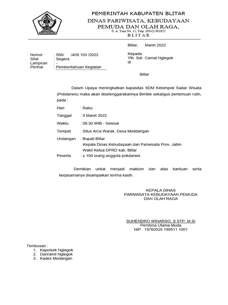 Bimtek SDM Pokdarwis Blitar Maret 2022 | PDF