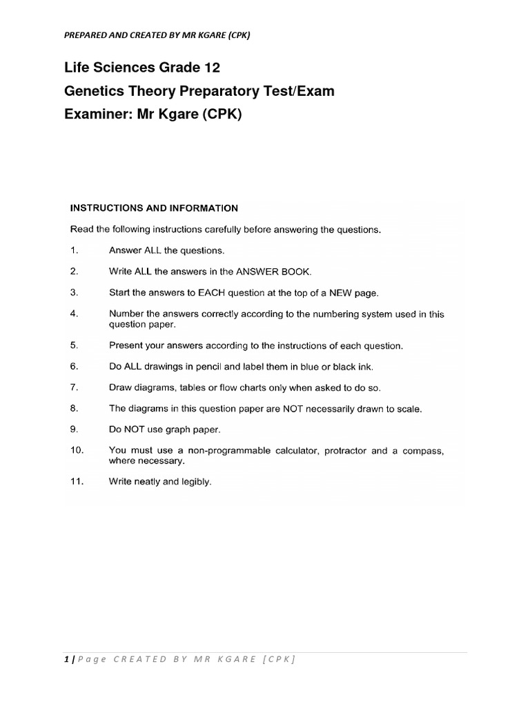 Grade 12 Genetics Prep Exam | PDF | Genetics | Meiosis