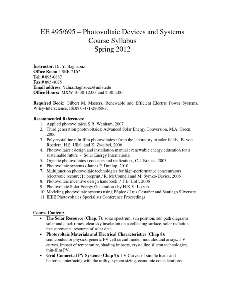 Ee 495-695 Syllabus 2012 | PDF | Photovoltaics | Photovoltaic System