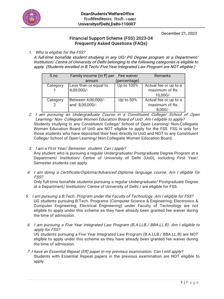 FAQs On FSS 2023 24 New | PDF | Undergraduate Education | Educational ...