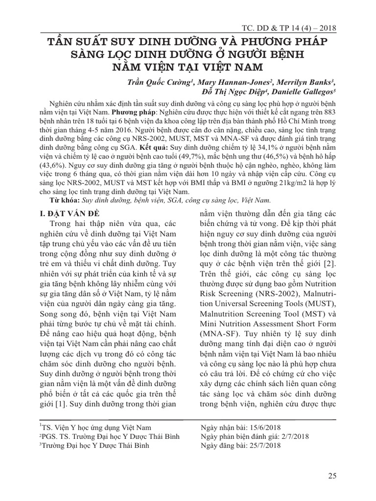 6. TẦN SUẤT SUY DINH DƯỠNG VÀ PHƯƠNG PHÁP SÀNG LỌC DINH DƯỠNG Ở NGƯỜI BỆNH NẰM VIỆN TẠI VIỆT NAM ...