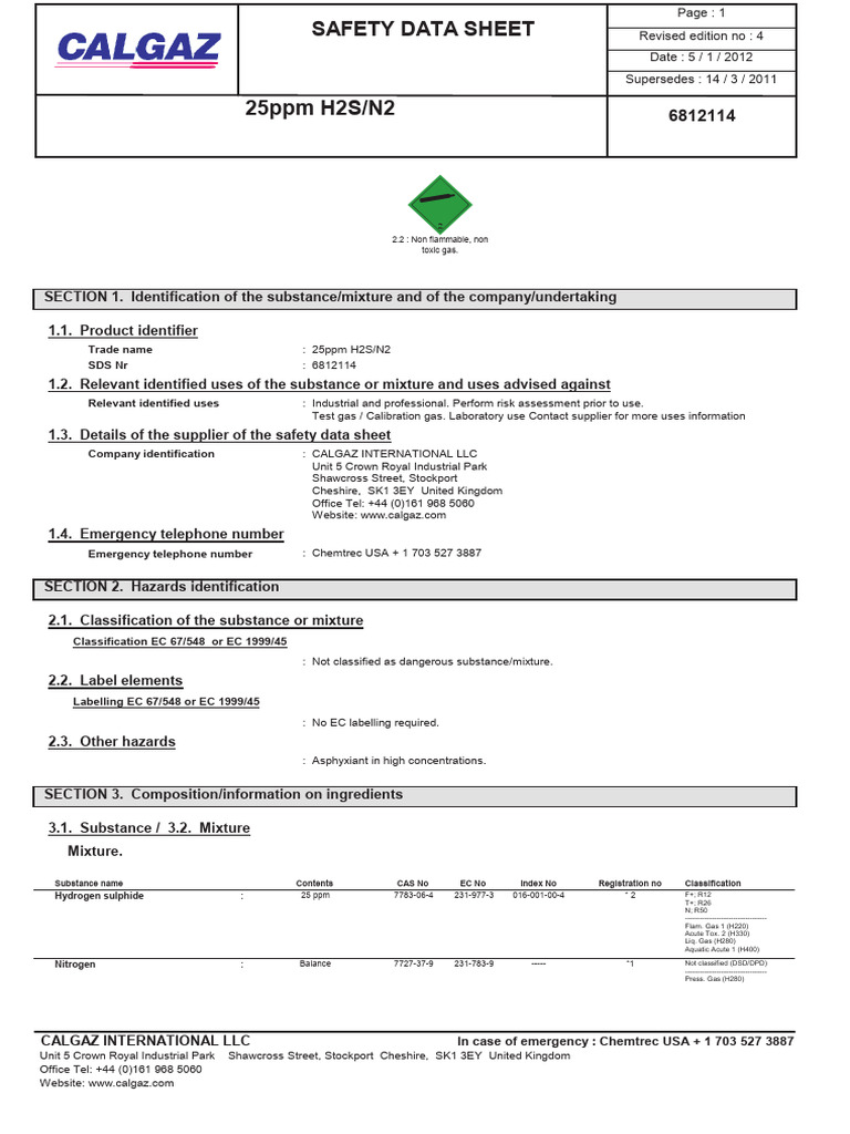 H2S Safety Data Sheet Overview | PDF | Chemical Substances | Nature