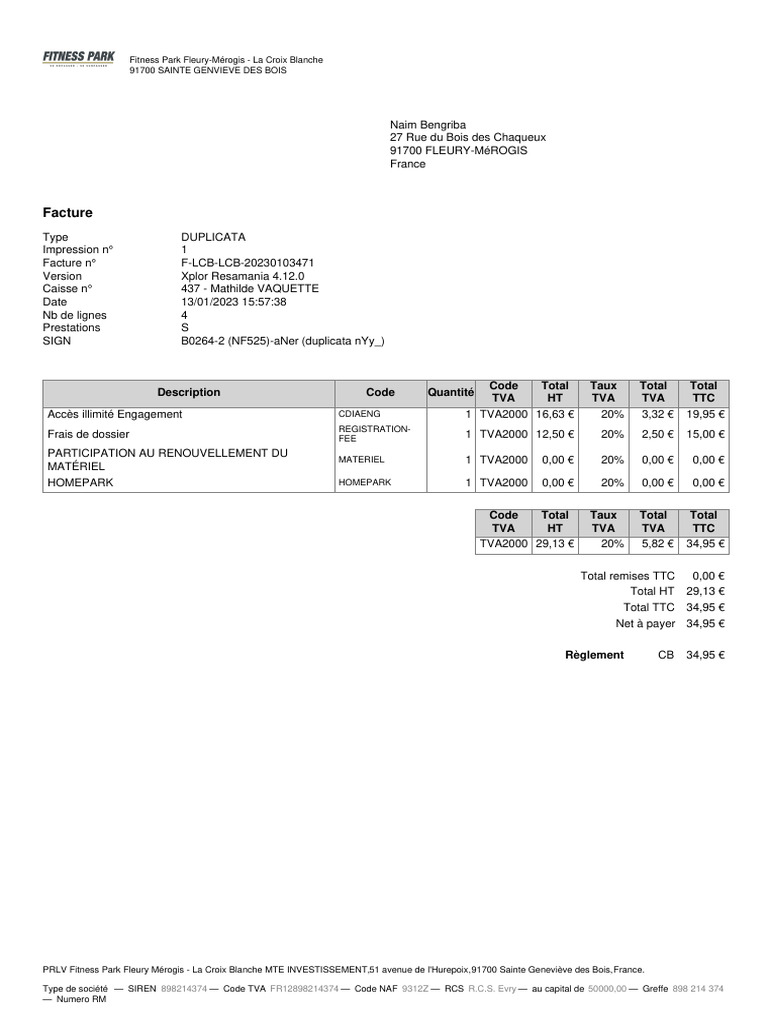 Facture 26811285 Fitness Park | PDF | Taxe sur la valeur ajoutée | Loi publique