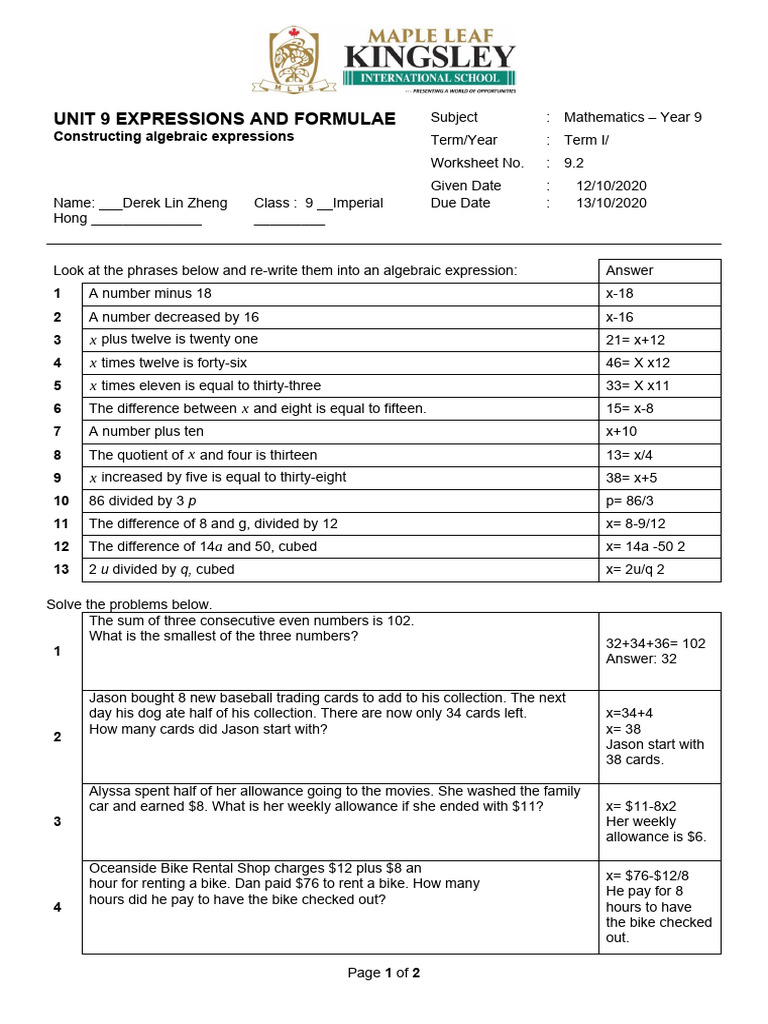 9.2 Constructing Algebraic Expressions.docx Derek Lin 9 Imperial | PDF ...