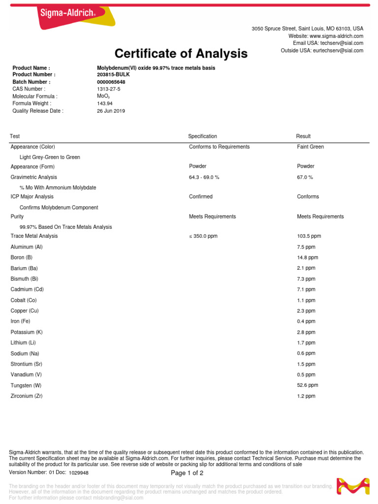 Certificate of Analysis | PDF | Molybdenum | Metals