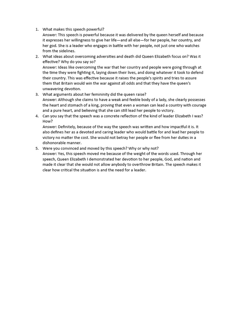Queen Elizabeth I's Powerful Speech | PDF | History | Religion ...