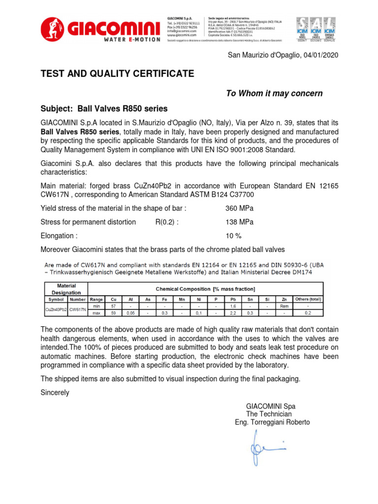 Test and Quality Certificate R850-1 | PDF