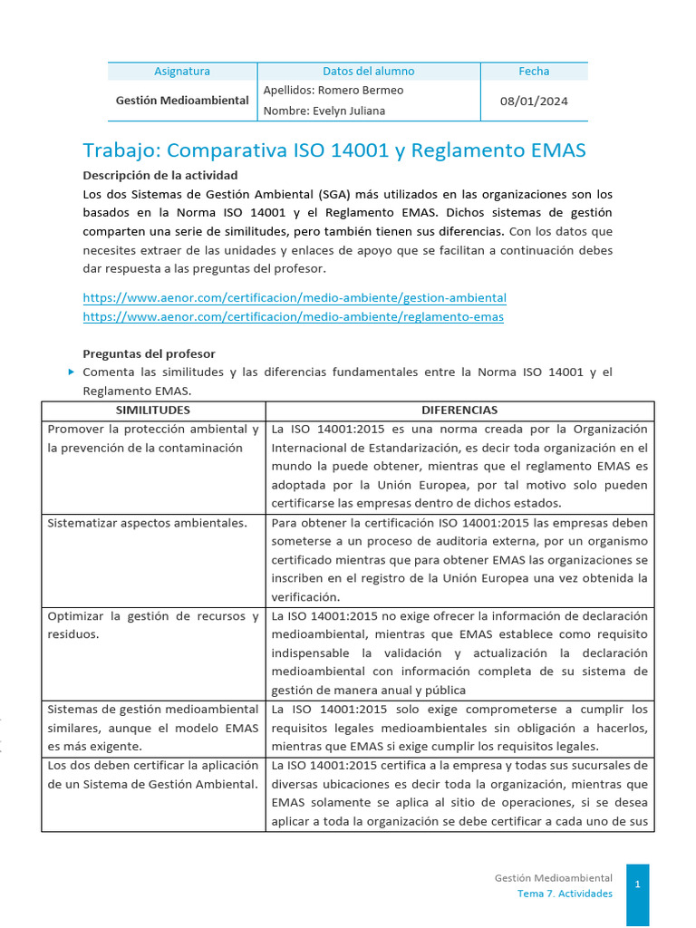 Trabajo Comparativo ISO 14001 y Reglamento EMAS - Juliana Romero | PDF | Entorno natural