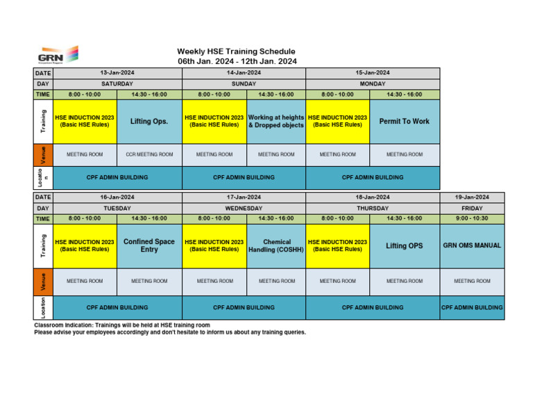 Weekly HSE Training Schedule Week Ending On 19th Jan. 2024 | PDF