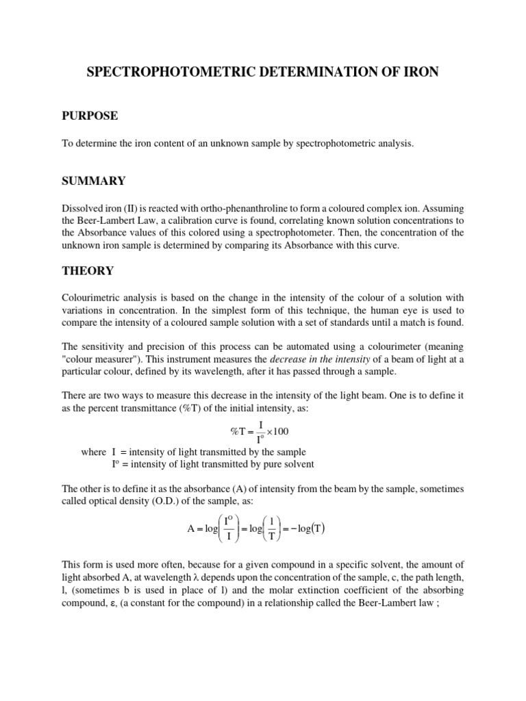 Spectrophotometric Iron Analysis Lab | PDF | Spectrophotometry | Absorbance