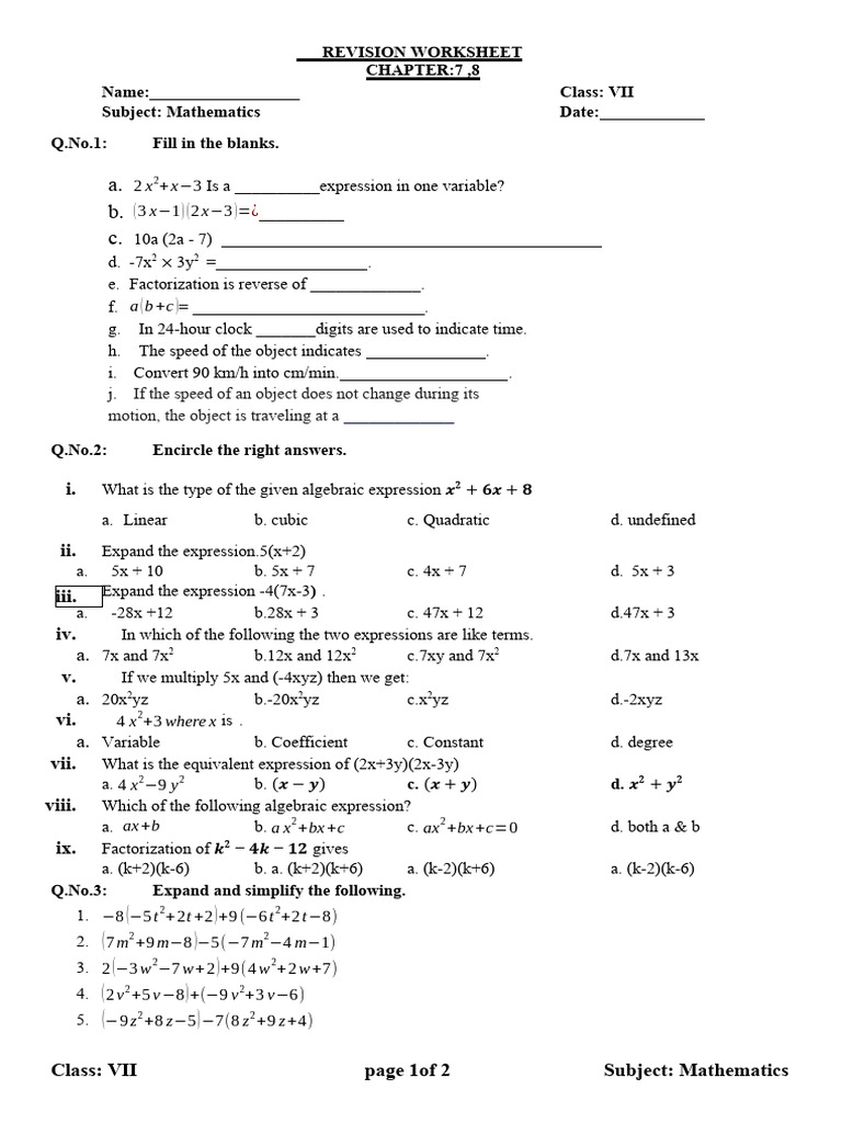Maths VII Reinforcement Worksheet 2 | PDF | Variable (Mathematics) | Abstract Algebra