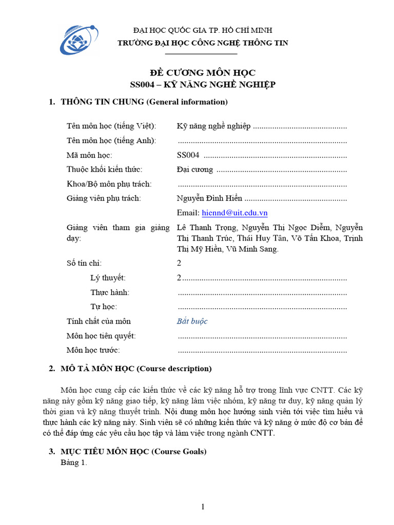 Đề cương - Kỹ năng nghề nghiệp (SS004) | PDF
