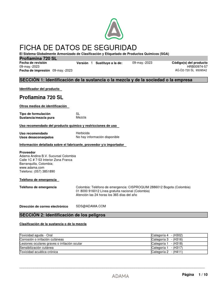 SDS Profiamina 720 SL FICHA DE SEGURIDAD | PDF | Agua | Ciencias fisicas